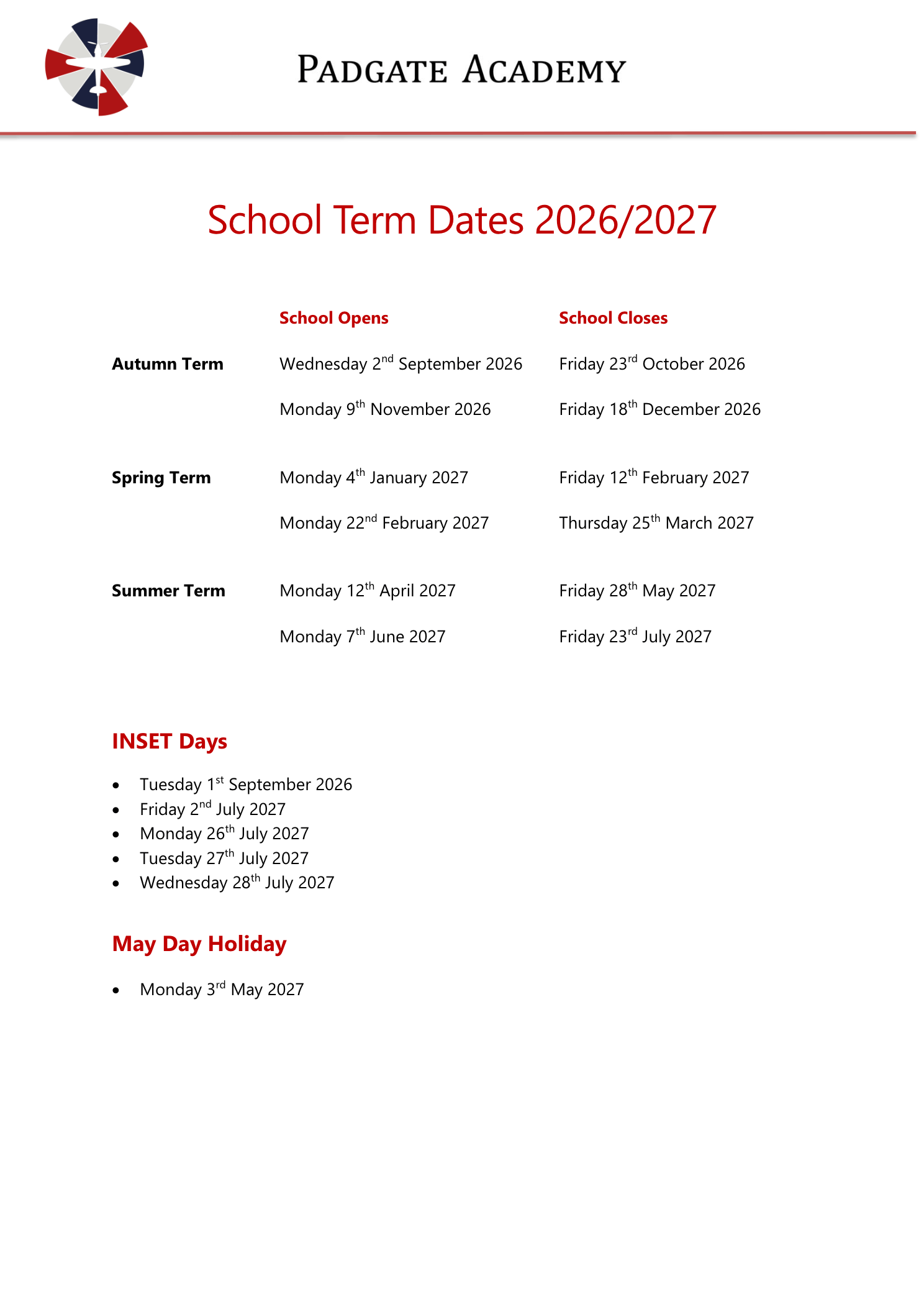 Term Dates – Padgate Academy